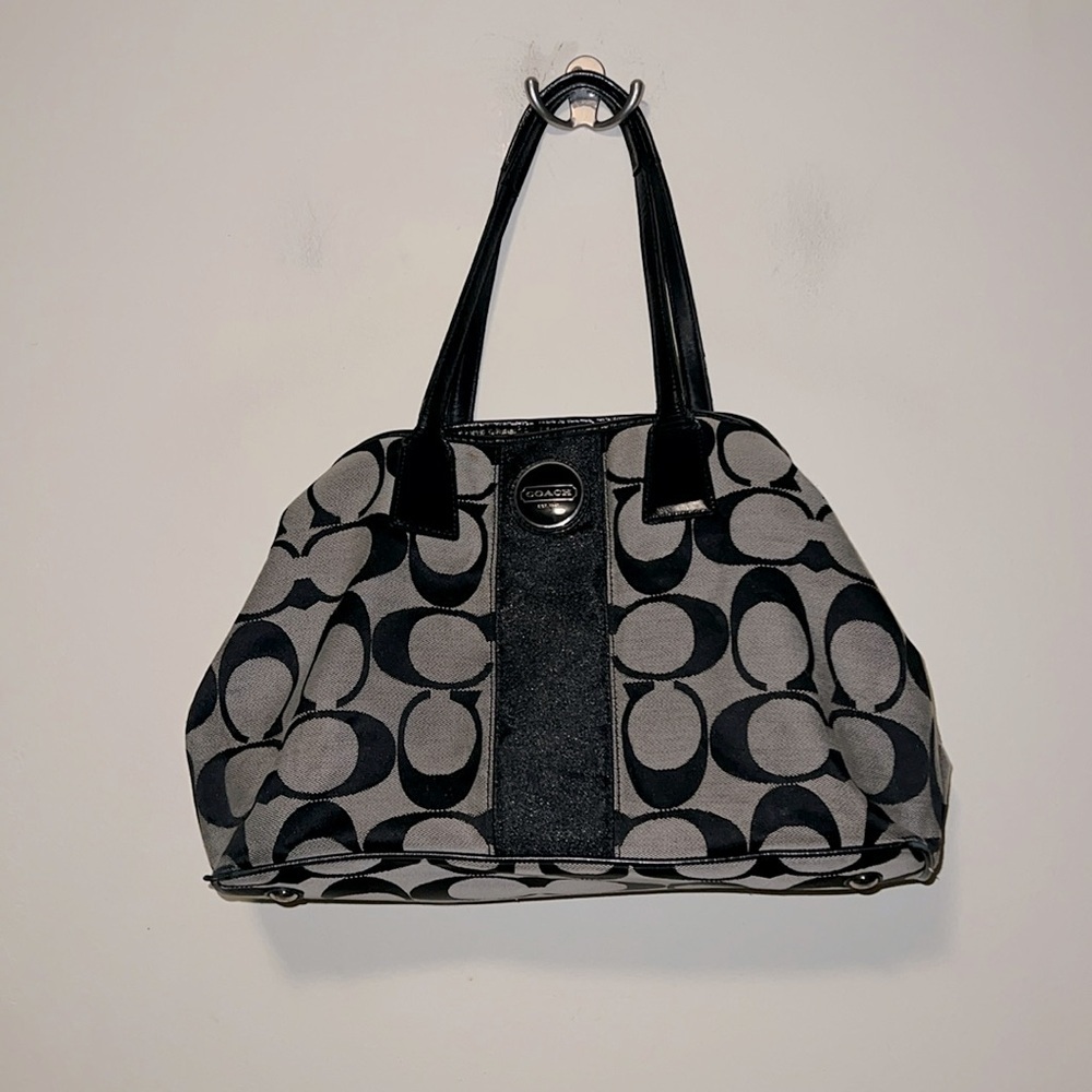 Coach Black Gray Jacquard Signature Logo Canvas Kiss-… - Gem